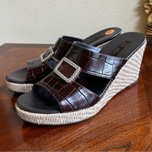 Coach | Shoes | Nwot Coach Brown Leather Wedge Sandals With Metal ...